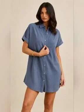 Rhythm. | Dresses | Rhythm Blue Buttonfront Linen Cotton Blend Dress ...